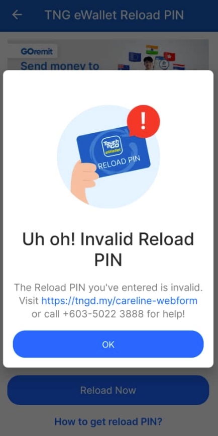 TNG eWallet Reload PIN: Why I can't use my Reload PIN? It states ...